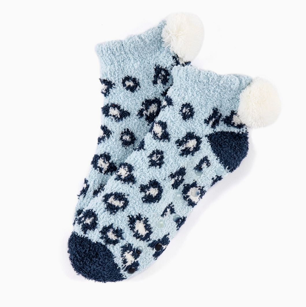 Women's Pom Pom Socks with Grippers - Leopard Print Blue and Black ...